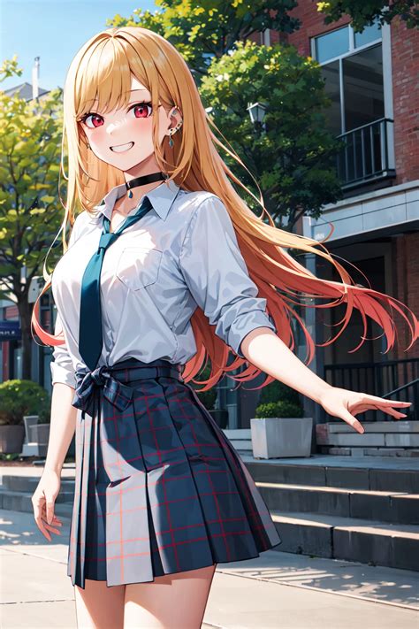 動漫女孩穿著校服在城市街道上擺姿勢 Seaart Ai