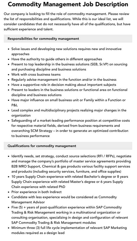 Commodity Management Job Description Velvet Jobs