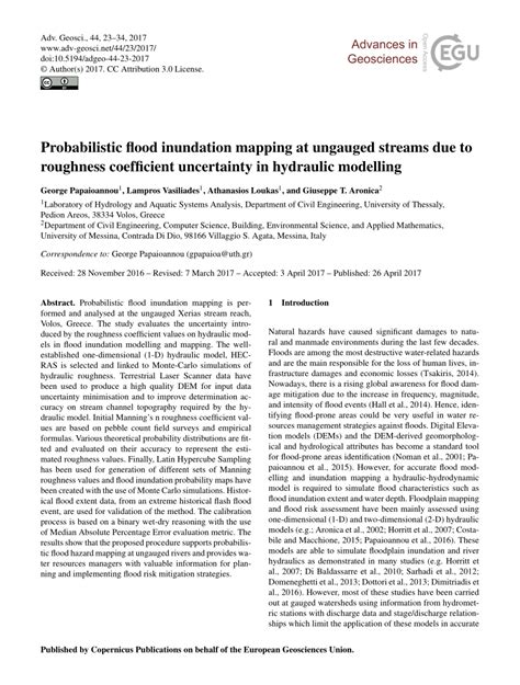 PDF Probabilistic Flood Inundation Mapping At Ungauged Streams Due To Roughness Coefficient