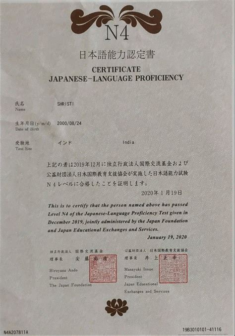 Jlpt N4 Certificate Shristi Rana