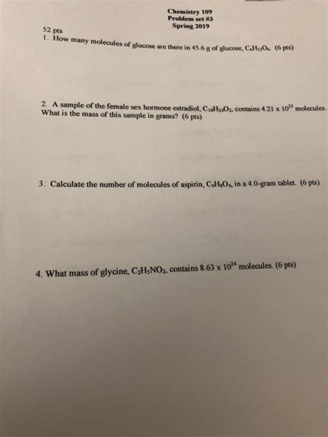 Solved Chemistry 109 Problem Set 3 Spring 2019 52 Pts 1