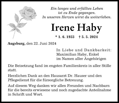 Traueranzeigen Von Irene Haby Augsburger Allgemeine Zeitung