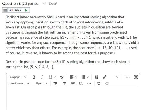 Solved Questıon ४ 20 points Saved Shellsort more Chegg
