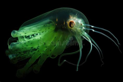 Deep Sea Squid Its Tentacles In Attack Mode And Glowing Green Stock