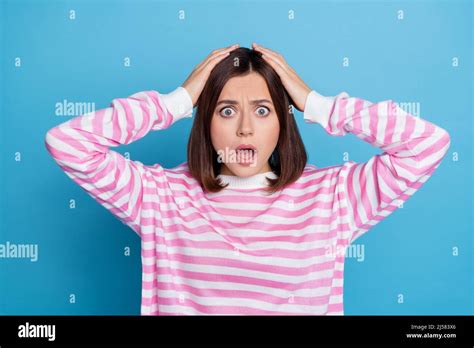 Photo Of Scared Impressed Woman Wear Striped Sweater Arms Head Open