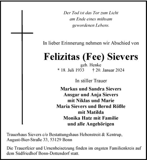 Traueranzeigen Von Felizitas Sievers Ga Trauerde