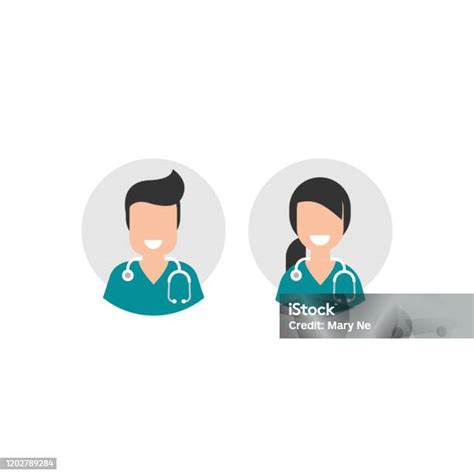 회색 원에 청진기를 가진 남자와 여자 의사 사용자 아바타는 흰색으로 격리됩니다 건강관리와 의술에 대한 스톡 벡터 아트 및 기타