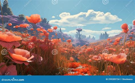 Romanticized Wilderness Unreal Engine 5 Field Of Orange Flowers Stock Illustration