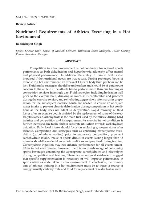PDF Nutritional Requirements Of Athletes Exercising In The Hot Environment