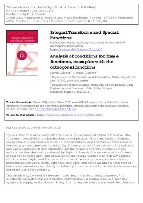 PDF Analysis Of Conditions For Frame Functions Examples With The