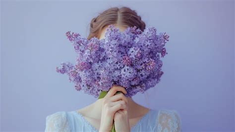 A Photograph Of A Woman Holding A Bouquet Of Violet Lilacs That Cover