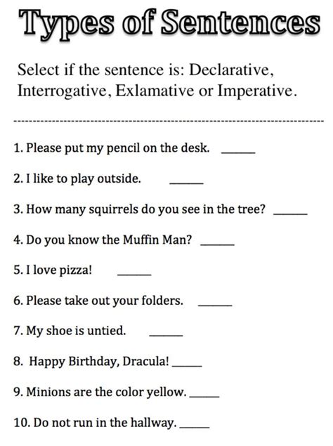 4 Types Of Sentences With Examples Worksheet