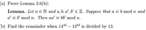 a prove lemma 3 6 b lemma let n ∈ℕ and a b a b ∈ℤ suppose
