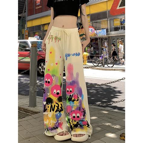 Quần Dài Lưng Cao Ống Rộng In Họa Tiết Graffiti Thời Trang Mùa Hè Cho