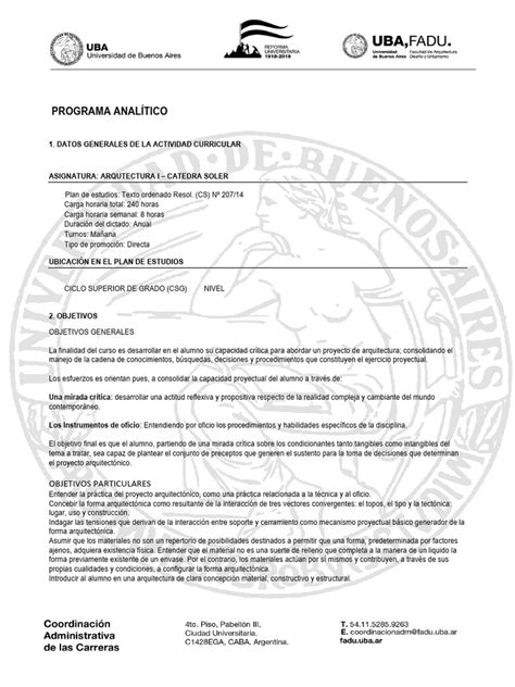 Arq Plan Ar14 Arquitectura 1 Soler Programa 2018 W Pdf Evaluación