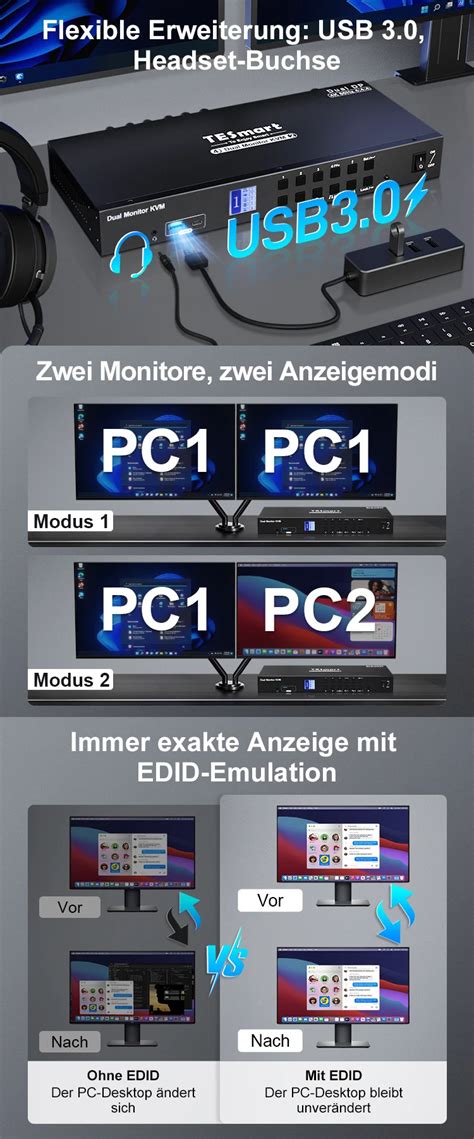 Tesmart 4 Port Dual Monitor Kvm Switch Kit Dp 4k60hz With Usb 3 0