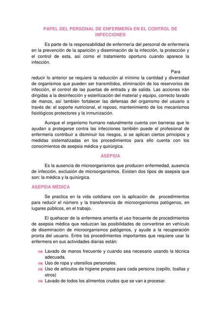 Papel del personal de enfermería en el control de infecciones