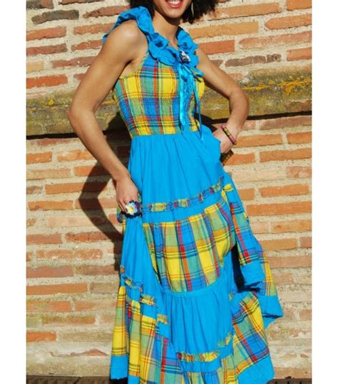 Robe Longue Madras Bleu Et Jaune Broderie Bleue Melle Boutique