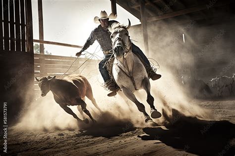 Cowboy About To Lasso A Running Calf In A Calf Roping Contest At A