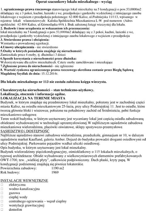 Operat szacunkowy lokalu mieszkalnego wyciąg Dla lokalu mieszkalnego