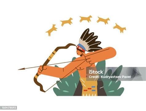 아메리카 원주민 남자 사냥 전통 민족 의상을 입고 활을 쏘는 것 벡터 고립된 낙서 삽화 가죽에 대한 스톡 벡터 아트 및 기타