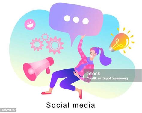 Nfluencer 마케팅 개념 온라인 팔로워를 위한 블로거 프로모션 서비스 및 상품 화면에 메가 폰과 그녀를 둘러싼 젊은 이들이 여자 플랫 벡터 그림입니다 개념에 대한 스톡