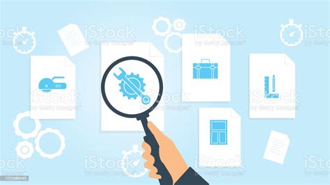 검색 아이콘으로 문서작성합니다 파일 및 돋보기 분석 연구 기호입니다 벡터 일러스트레이션 건물 측정 파일 문서 연구 벡터 일러스트 개념에 대한 스톡 벡터 아트 및 기타 이미지