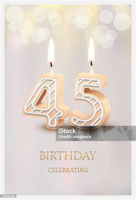 45 번호 양초 벡터 일러스트레이션이있는 생일 축하 인사말 카드 기념일 파티 축하를위한 포스터 디자인의 3d 촛불 달콤한 케이크