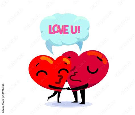 Couple In Love Two Funny Cartoon Hearts Kiss Each Other Holding Their