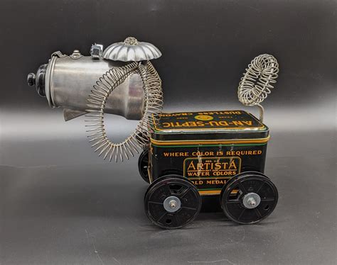 Dog On Wheels Sculpture Assemblage Art Upcycled Repurposed Art Pet
