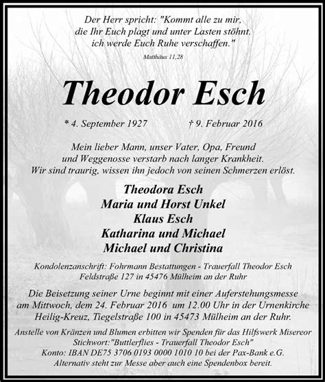 Traueranzeigen Von Theodor Esch Trauer In Nrw De