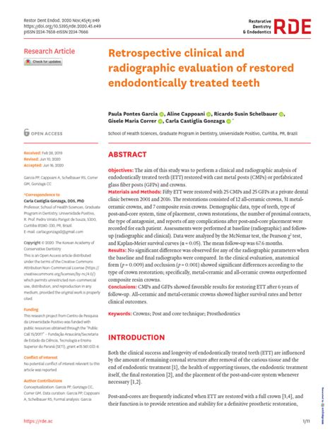 Retrospective Clinical And Radiographic Evaluation Of Restored Endodontically Treated Teeth Pdf
