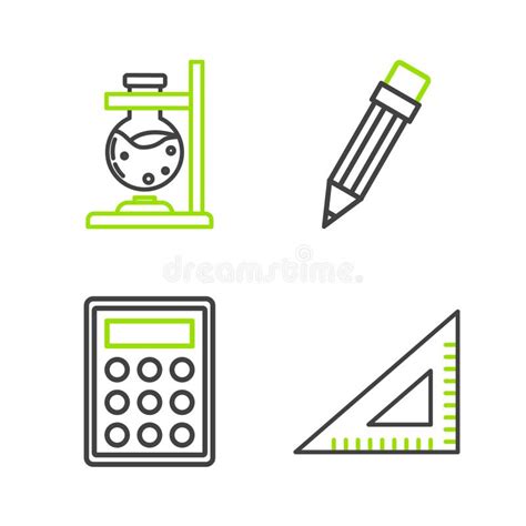 Set Line Triangular Ruler Calculator Pencil With Eraser And Glass Test Tube Flask On Fire Icon