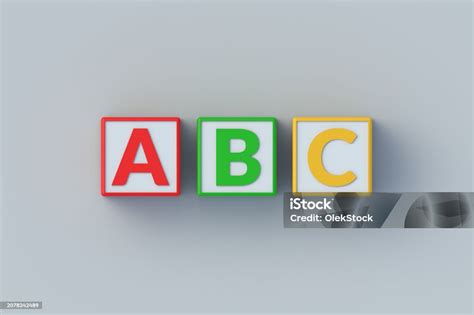 회색 배경에 Abc 큐브 행입니다 유치원 교육을 위한 편지 블록 알파벳 배우기 3d 렌더 3차원 형태에 대한 스톡 사진 및 기타