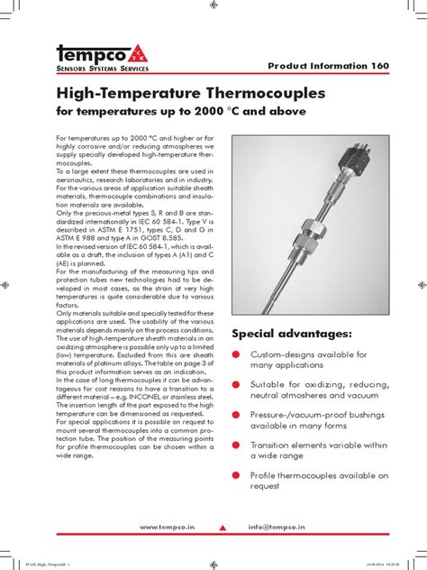 Tempco Sensors Pi 160 High Temp Print Pdf Thermocouple Electrical Connector