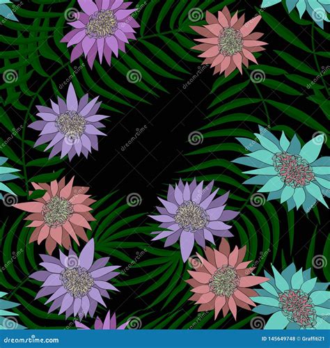 Exotic Seamless Pattern With Tropical Flowers And Leaves Banana Leaves