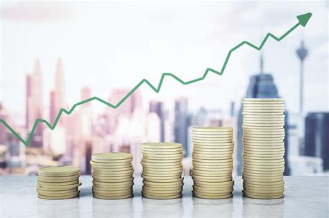 Premium Photo Abstract Golden Coin Piles With Growing Green Arrow