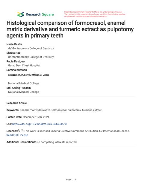 Pdf Histological Comparison Of Formocresol Enamel Matrix Derivative