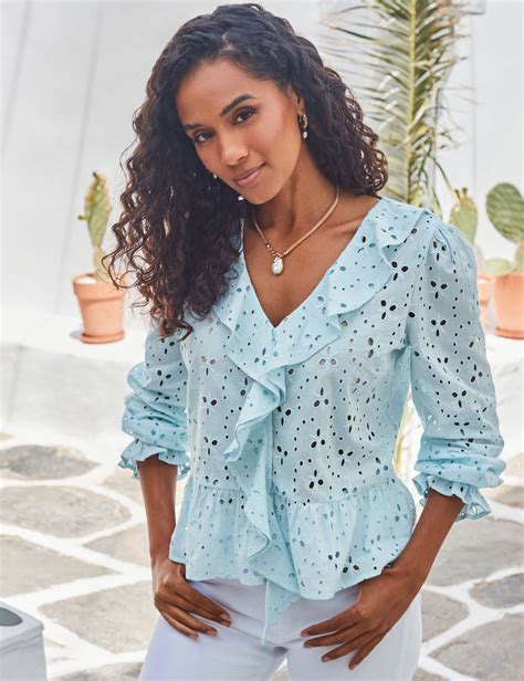 Pure Cotton Broderie V Neck Ruffle Blouse Sosandar Mands