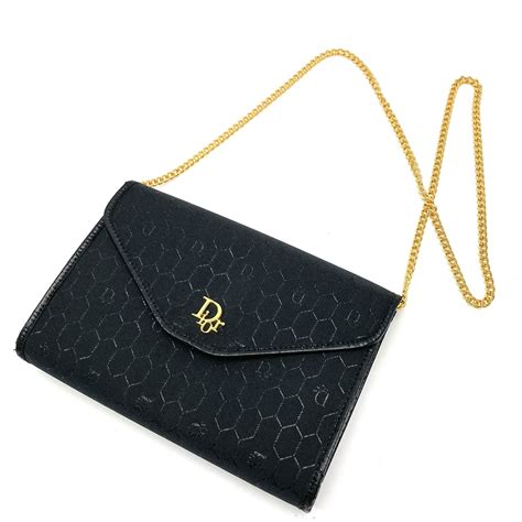 【christian Dior クリスチャン ディオール ハニカム柄 チェーンショルダー ポシェット ミニバッグ 黒 ブラック 保管品】お売り