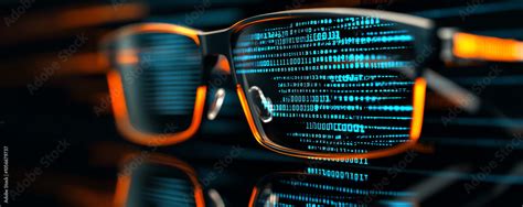 Eyeglasses Reflecting Dynamic Lines Of Binary Codes In Vibrant Blue And Orange Tones Stock