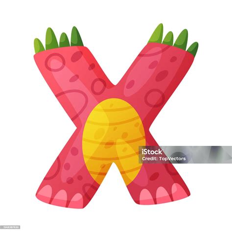 X 자음 문자 공룡 글꼴입니다 공룡 알파벳 귀여운 공룡 효과 빨간 글자 기호 어린이를 위한 Abc 보육원 생일 파티 디자인 만화 벡터 일러스트레이션 공룡에 대한 스톡 벡터