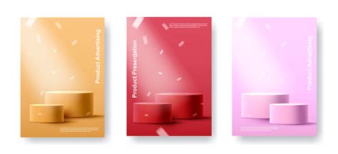 스포트라이트와 색종이 조각이 있는 3d 받침대 설명 전단지의 템플릿 세트 또는 다양한 색상의 프로모션 포스터 0명에 대한 스톡