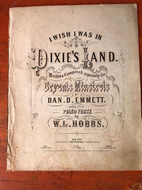 Original 1860 Dixies Land Sheet Music Civil War Confederacy Firth Pond