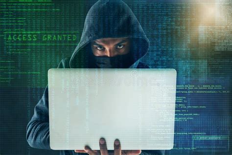 Overlay Coding And Portrait Of Hacker On Laptop For Programming