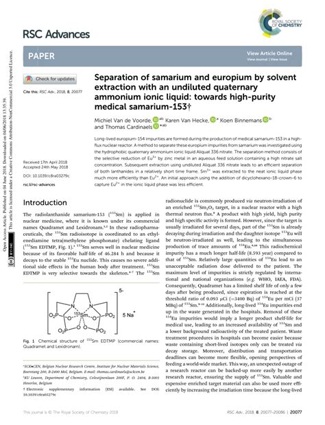 Pdf Separation Of Samarium And Europium By Solvent Extraction With An Undiluted Quaternary