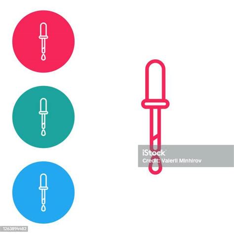 흰색 배경에 격리된 빨간색 선 파이펫 아이콘입니다 의료 화학 실험실 장비의 요소 드롭 파이펫 의학 기호 원 버튼에 아이콘을 설정합니다 벡터 일러스트레이션 0명에 대한 스톡