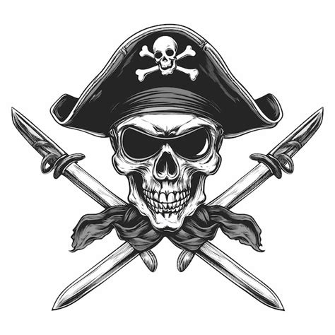 Pirate Skull With Hat And Eye Patch Behind Two Crossed Sabers Vector