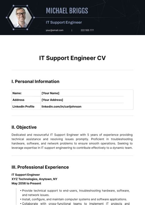 Free It Cv Templates To Edit Online And Download