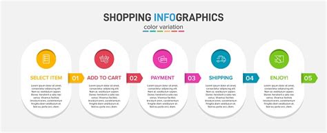 5 단계 연속 쇼핑 프로세스의 개념 5 개의 다채로운 그래픽 요소 브로셔 프레젠테이션 웹 사이트에 대한 타임라인 디자인 인포